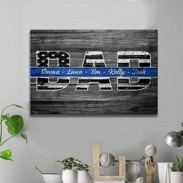 Dad - Thin Blue Line - Kids Names Canvas Print - My Hero Wears Blue
