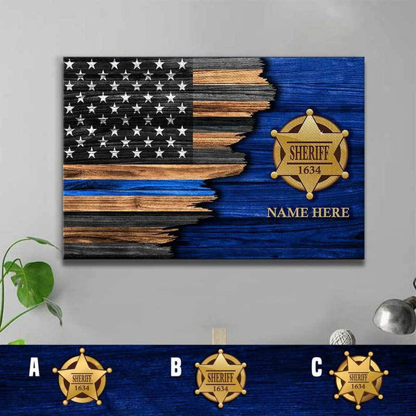 Sheriff Badge Canvas Print - Half Flag - My Hero Wears Blue