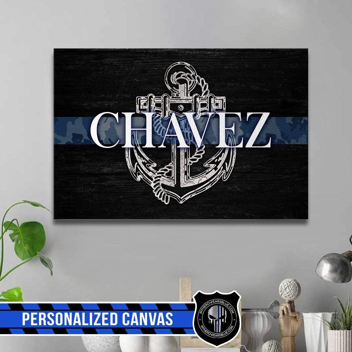 Navy - Navy Anchor - Camouflage Line Canvas Print - My Hero Wears Blue