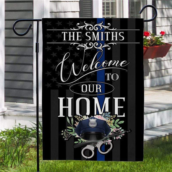 Welcome To Our Home Police Personalized Garden Flag - My Hero Wears Blue